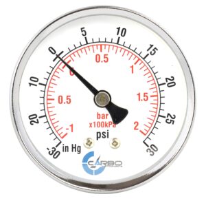 carbo instruments 2-1/2" pressure gauge, chrome plated steel case, dry, compound vacuum -30 hg - 0-30 psi back mount 1/4" npt