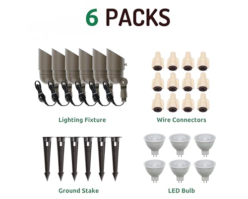 Lumina 4W LED Landscape Lights Cast-Aluminum Waterproof Outdoor Low Voltage Spotlights for Walls Trees Flags Light with Warm White 4W MR16 LED Bulb and ABS Ground Stake Bronze SFL0104-BZLED6 (6PK)