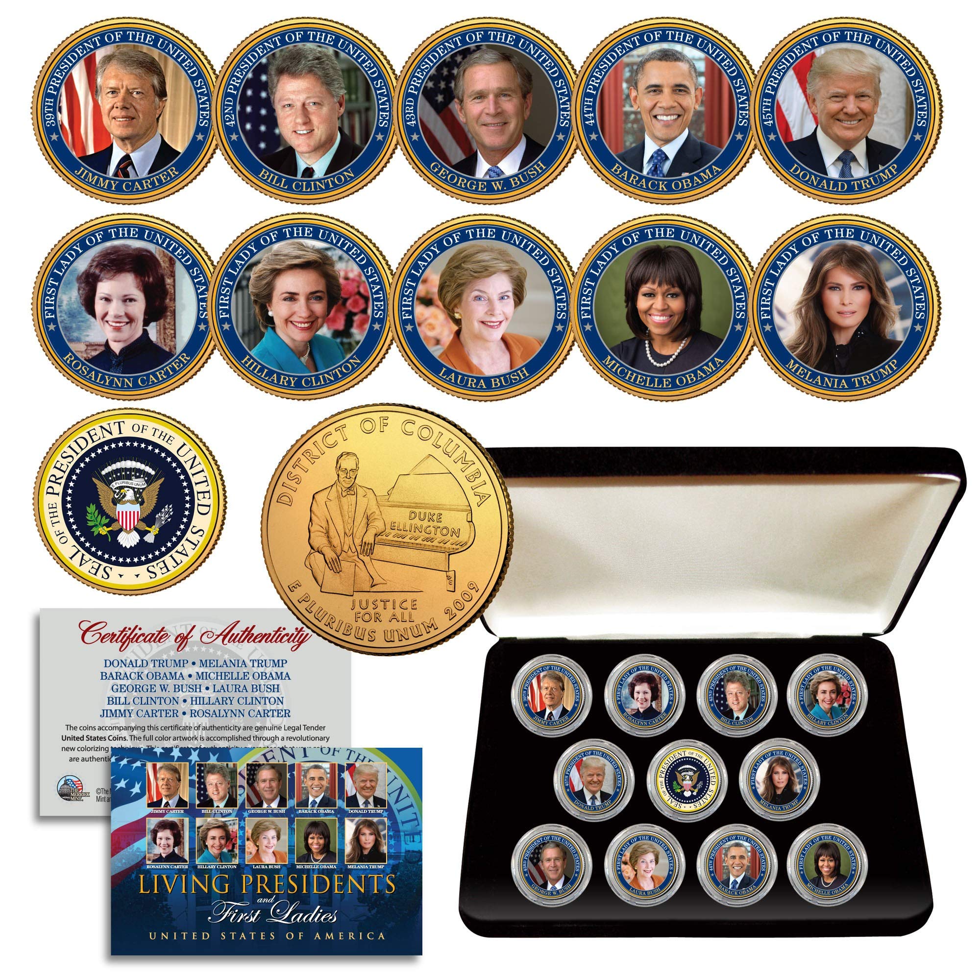 Living Presidents and First Ladies D.C. Quarters 24K Gold Plated 11-Coin Set Box