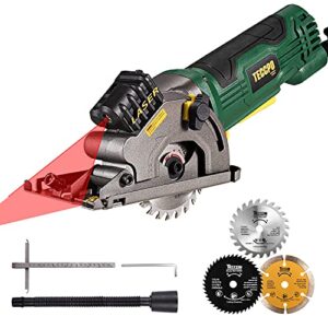 mini circular saw, teccpo 4.8amp compact circular saw, 3700rpm, with laser guide, scale ruler, vacuum port, 3 blades for cutting woods, tile and soft metal. ideal design for small projects -taps22p