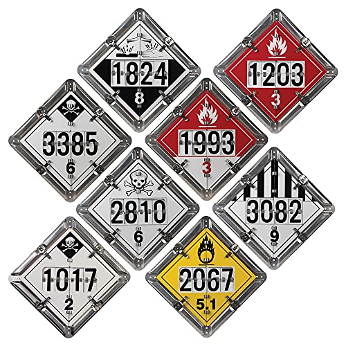 Numer-All Aluminum Flip File Placard, One Set with 8 Legends, Numbered - 13.75" x 13.75" Unpainted Back Plate with Rounded Corners - Complies with DOT Hazmat Placard Requirements