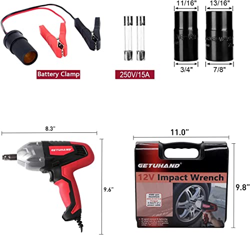 GETUHAND Electric Impact Wrench 1/2 Inch & 12 Volt 400N.M 300ft-lbs Max Torque with 1/2" Strong Square Drive, Portable Car Impact Wrench Kit with Sockets and Carry Case