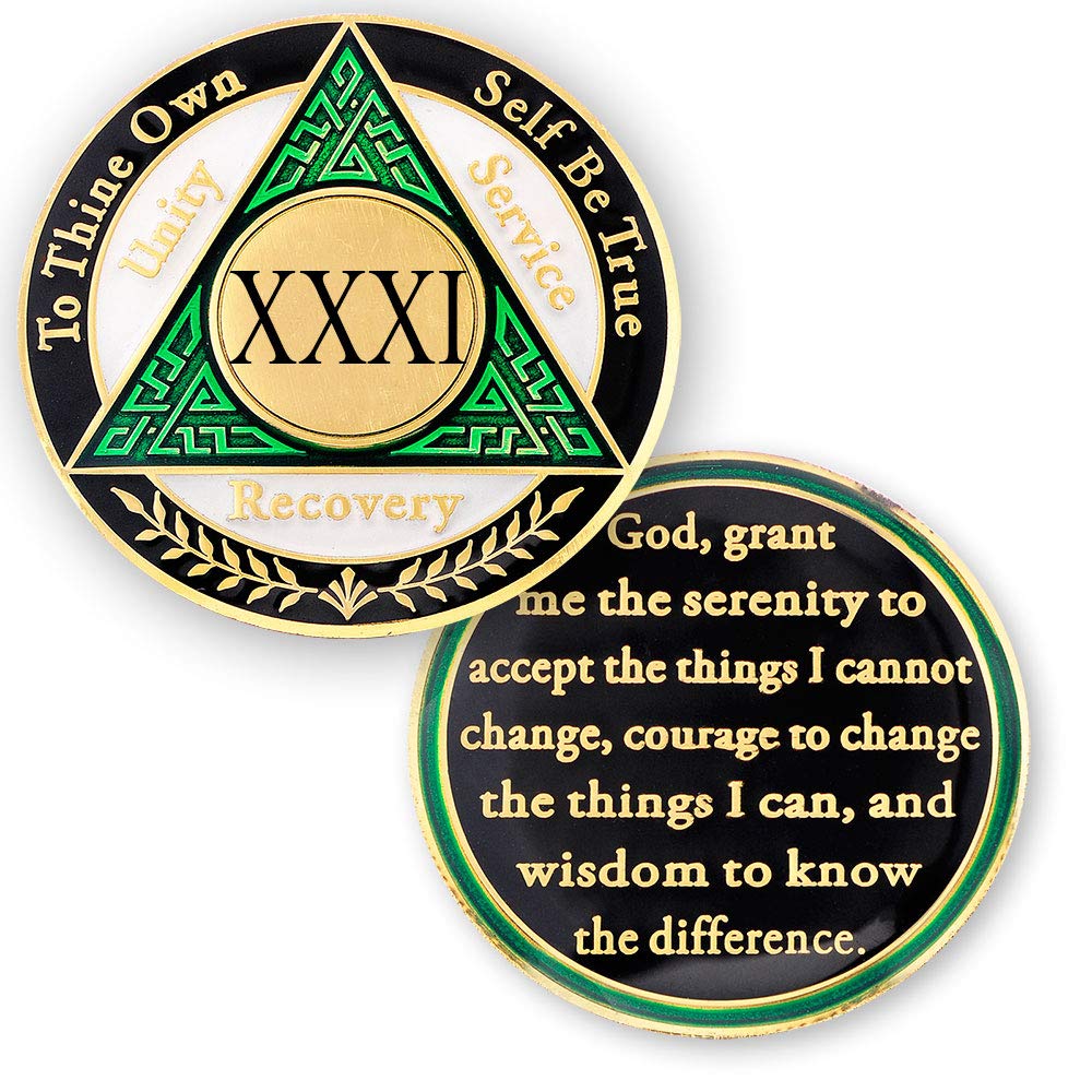 31 Year AA Medallions Sobriety Coin - Alcoholics Anonymous Chips - Thirty One Year Coins - Green White Black Token