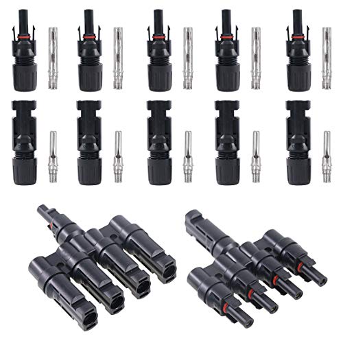 Glarks Solar Panel Connectors 1 Male to 4 Female and 1 Female to 4 Male T Branch Connectors Cable Coupler Combiner and 5 Pair Male/Female Solar Panel Cable Connectors Set (M/4F and F/4M)