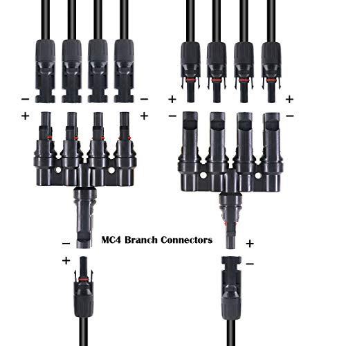 Glarks Solar Panel Connectors 1 Male to 4 Female and 1 Female to 4 Male T Branch Connectors Cable Coupler Combiner and 5 Pair Male/Female Solar Panel Cable Connectors Set (M/4F and F/4M)