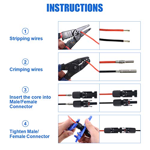 Glarks Solar Panel Connectors 1 Male to 4 Female and 1 Female to 4 Male T Branch Connectors Cable Coupler Combiner and 5 Pair Male/Female Solar Panel Cable Connectors Set (M/4F and F/4M)