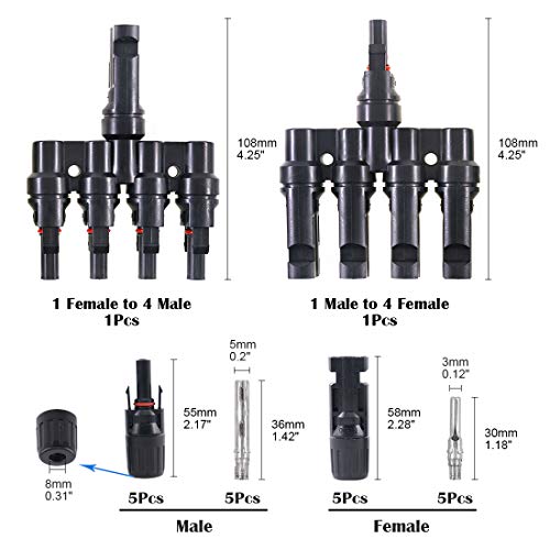 Glarks Solar Panel Connectors 1 Male to 4 Female and 1 Female to 4 Male T Branch Connectors Cable Coupler Combiner and 5 Pair Male/Female Solar Panel Cable Connectors Set (M/4F and F/4M)