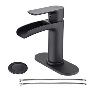 newater waterfall brass bathroom faucet single-handle black bathroom sink faucet matte black single hole or 3 holes 4 inch faucet for bathroom sink，rv vessel vanity faucet with deck mount，pop-up drain