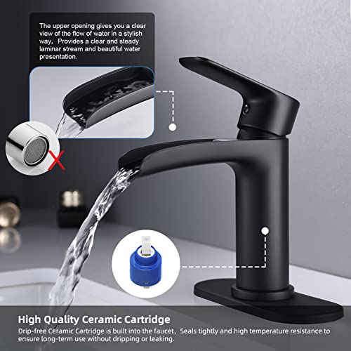 NEWATER Waterfall Brass Bathroom Faucet Single-Handle Black Bathroom Sink Faucet Matte Black Single Hole or 3 Holes 4 inch faucet for bathroom sink，RV Vessel Vanity Faucet with Deck Mount，Pop-Up Drain