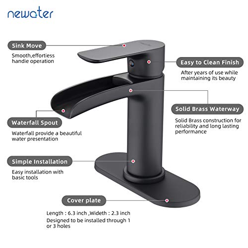 NEWATER Waterfall Brass Bathroom Faucet Single-Handle Black Bathroom Sink Faucet Matte Black Single Hole or 3 Holes 4 inch faucet for bathroom sink，RV Vessel Vanity Faucet with Deck Mount，Pop-Up Drain