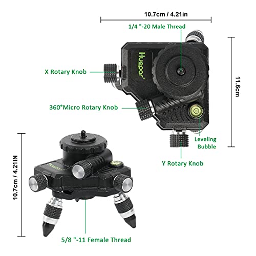 Huepar Laser Level Adapter, Metal 360-Degree Rotating Base for Laser Level Tripod Connector, 1/4’’ Threaded Mount and Horizontal Bubble, Micro-adjust Fine Turning Pivoting Base AT2