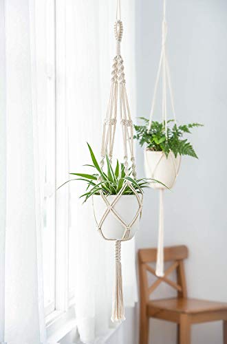 Mkono Macrame Plant Hangers with Pots Indoor Set of 2 Hanging Planters Holder 6.5 Inch Plastic Planter Included Self Watering Hanging Pots for Plants with Saucers & Perforated Insert, 41 Inch