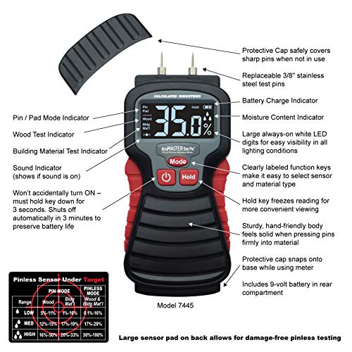 Calculated Industries 7445 AccuMASTER Duo Pro Pin & Pinless Moisture Meter Detects Hidden Leaks and Moisture | Combo Non-invasive Pad + Pin Sensors | for Restoration Contractors, Woodworkers, DIYs