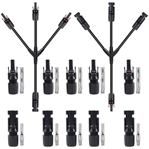 Glarks Solar Panel Extension Adaptor Cables Y Branch 1 to 3 Parallel Adapter Cable Wire Plug and 5 Pair Male/Female Solar Panel Cable Connectors Set (M/FFF and F/MMM)