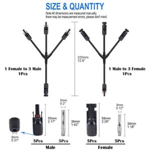 Glarks Solar Panel Extension Adaptor Cables Y Branch 1 to 3 Parallel Adapter Cable Wire Plug and 5 Pair Male/Female Solar Panel Cable Connectors Set (M/FFF and F/MMM)