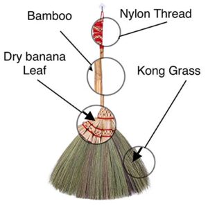 Asian Natural Grass Broom with Bamboo Stick Embroidery Woven Nylon Thread Top of Handle