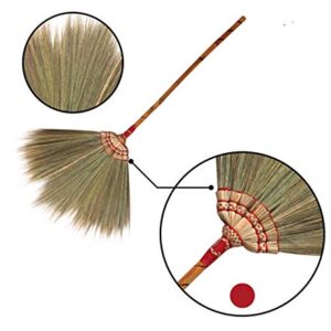 Asian Natural Grass Broom with Bamboo Stick Embroidery Woven Nylon Thread Top of Handle