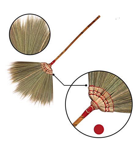 Asian Natural Grass Broom with Bamboo Stick Embroidery Woven Nylon Thread Top of Handle