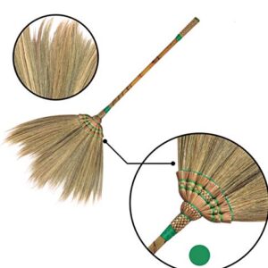 Asian Natural Grass Broom with Bamboo Stick Embroidery Woven Nylon Thread Top of Handle