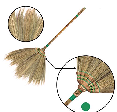 Asian Natural Grass Broom with Bamboo Stick Embroidery Woven Nylon Thread Top of Handle