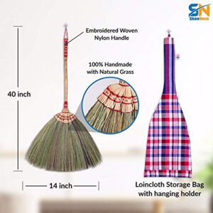 Asian Natural Grass Broom with Bamboo Stick Embroidery Woven Nylon Thread Top of Handle