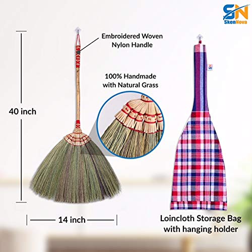 Asian Natural Grass Broom with Bamboo Stick Embroidery Woven Nylon Thread Top of Handle