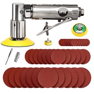 spta mini air angle sander grinder air random palm sander air orbital sander with m6 backing plate car polisher sets with 36pcs mix grit 80mm, 50mm, 25mm sanding disc sanding pads