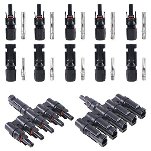 Glarks Solar Panel Connectors 1 Male to 5 Female and 1 Female to 5 Male T Branch Connectors Cable Coupler Combiner and 5 Pair Male/Female Solar Panel Cable Connectors Set (M/5F and F/5M)