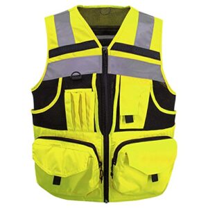 zuja 3m reflective stripes safety vest hi-vis yellow knitted vest with 10 pockets bright construction workwear for men and women. (medium)