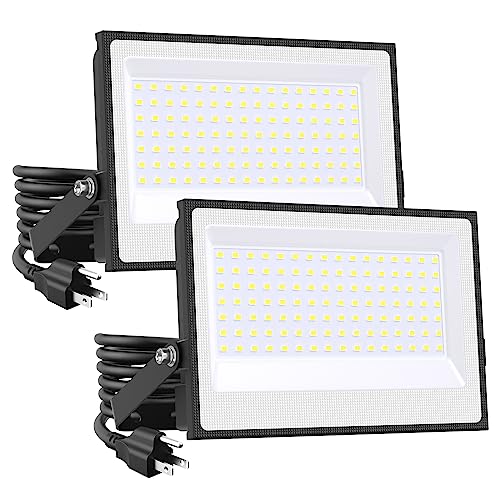 Onforu 2 Pack 100W LED Flood Light with Plug 700W Equiv., 8900Lm Super Bright LED Work Light, IP66 Waterproof Outdoor Security Lights, 6500K Daylight White Floodlight for Yard Garden Patio