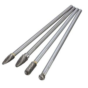 4 pcs carbide rotary burr set, 1/4-inch long shank tungsten steel head burr bit set fits rotary tool for wood/ metal drilling carving engraving