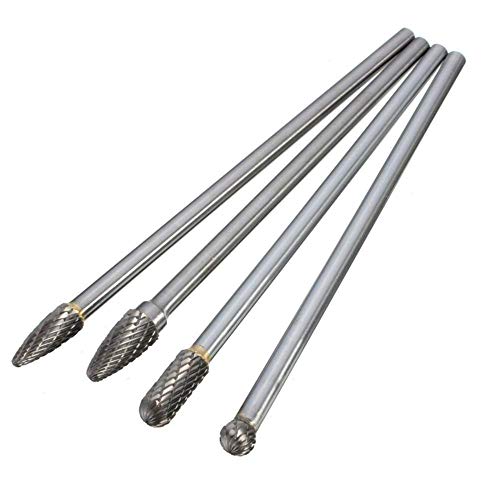 4 Pcs Carbide Rotary Burr Set, 1/4-Inch Long Shank Tungsten Steel Head Burr Bit Set Fits Rotary Tool for Wood/ Metal Drilling Carving Engraving