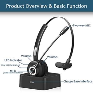 Golvery Bluetooth Headset with Microphone, Truck Driver Headset w/Charging Base, Wireless Office PC Hands-Free Headphone with Noise Canceling for Call Center, Skype, Supports Music 17 Hrs Talk Time