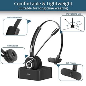 Golvery Bluetooth Headset with Microphone, Truck Driver Headset w/Charging Base, Wireless Office PC Hands-Free Headphone with Noise Canceling for Call Center, Skype, Supports Music 17 Hrs Talk Time