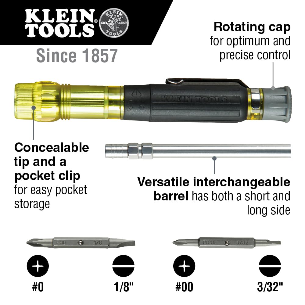 Klein Tools 32614 Multi-bit Precision Screwdriver Set, 4-in-1 Electronics Pocket Screwdriver, Professional Phillips and Slotted Bits, EDC