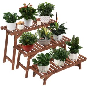 ufine freestanding 3 tier ladder shelf wood plant stand indoor outdoor plant display rack flower pot holder planter organizer