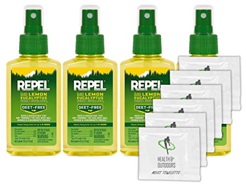 Repel Plant-Based Lemon Eucalyptus Insect Repellent, Pump Spray, 4-Ounce(4 Count) W/ 6 HAO Moist Towelettes