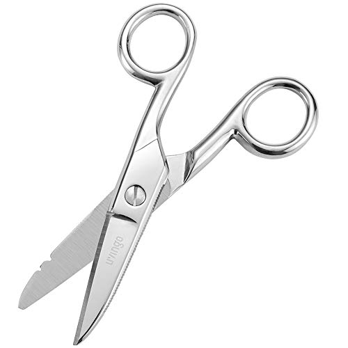 LIVINGO 5-1/5 Inch Heavy Duty Electrician Scissors, Professional Forged Stainless Steel Electrical Shears with Notches for Industrial Stripping, Cutting Telecom Cable, Wire