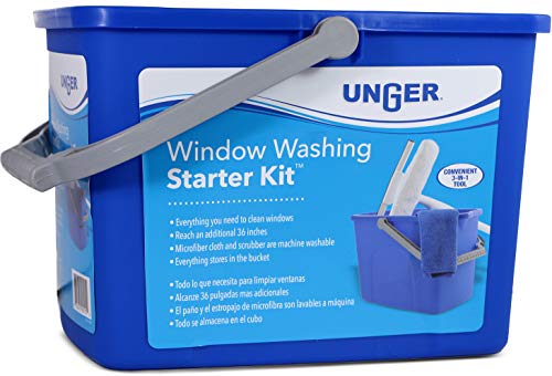 Unger Window Washing Starter Kit with 2-in-1 Microfiber Combi, Collapsible Pole, Microfiber Cloth, and Bucket