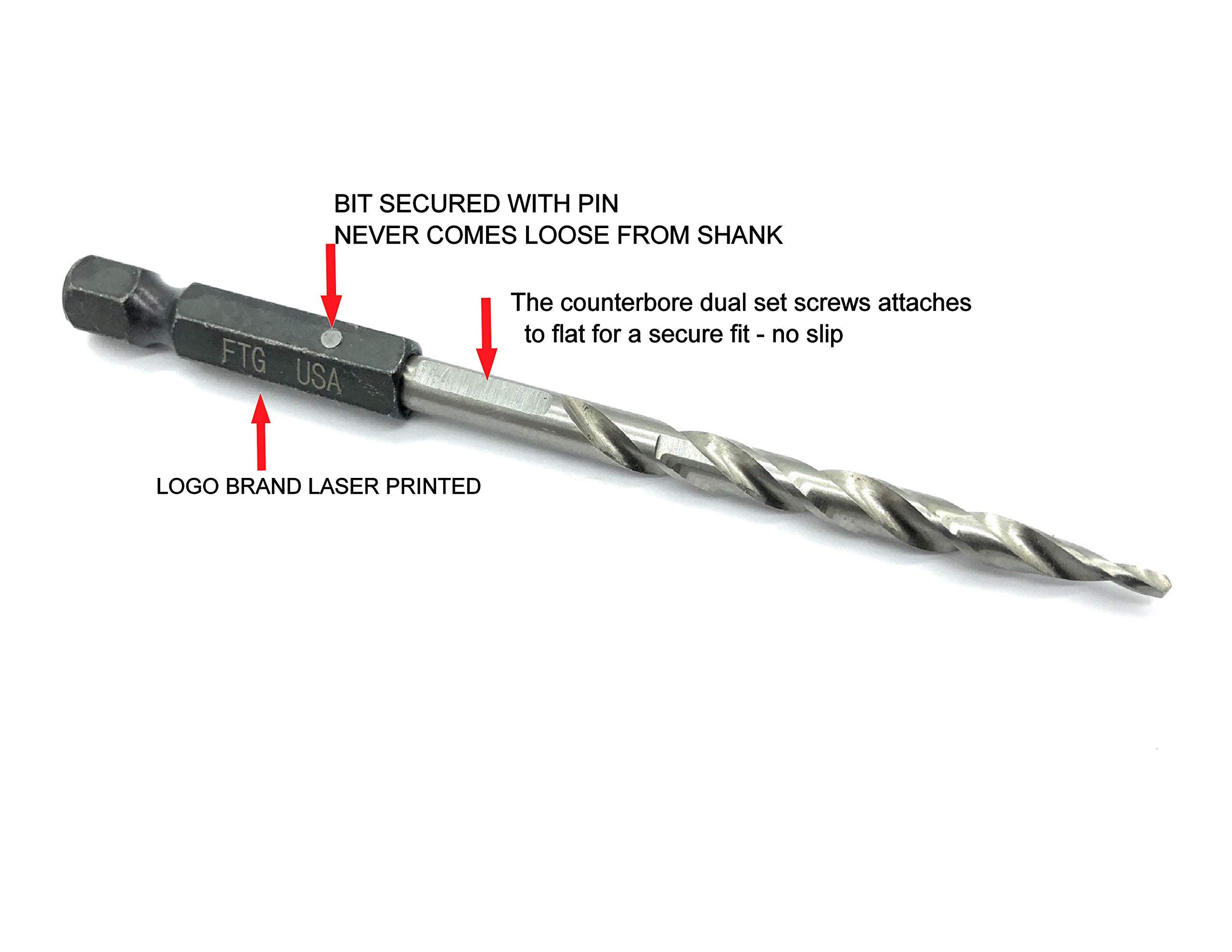 FTG USA Countersink Drill Bit Set 5 Pc #4#6#8#10#12 Tapered Drill Bit for Woodworking