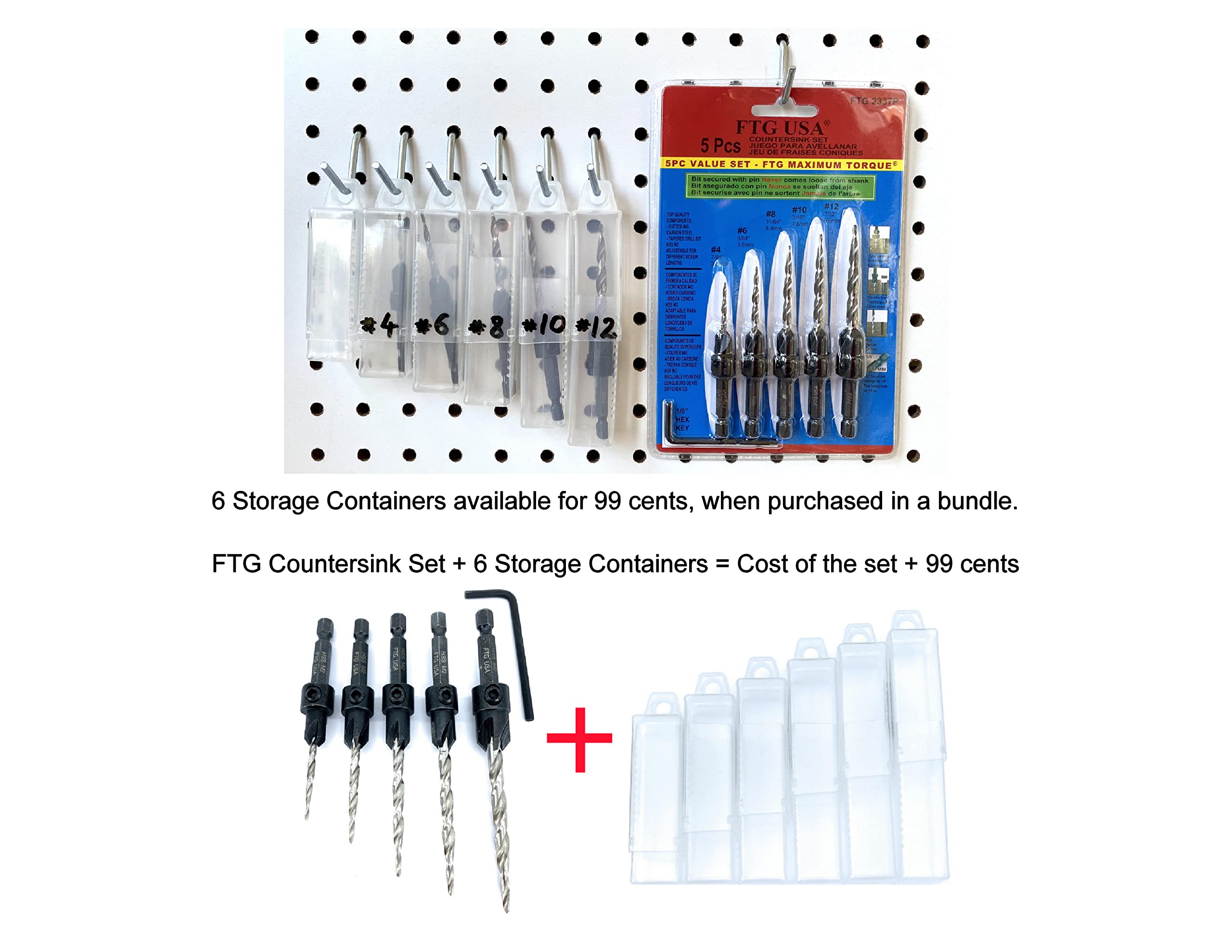 FTG USA Countersink Drill Bit Set 5 Pc #4#6#8#10#12 Tapered Drill Bit for Woodworking