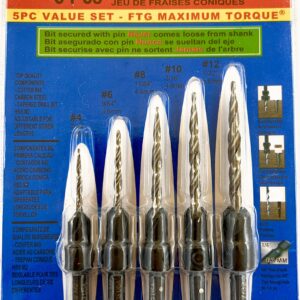 FTG USA Countersink Drill Bit Set 5 Pc #4#6#8#10#12 Tapered Drill Bit for Woodworking