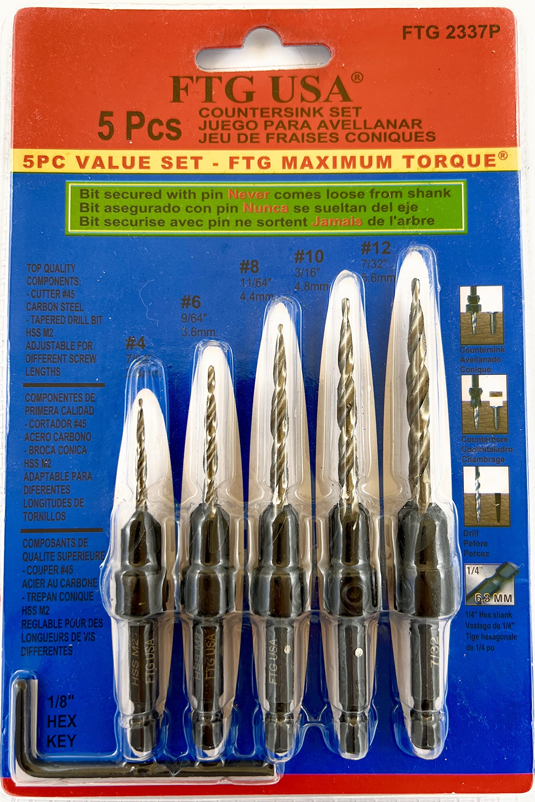 FTG USA Countersink Drill Bit Set 5 Pc #4#6#8#10#12 Tapered Drill Bit for Woodworking