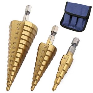 3pcs hss titanium coated step drill bit set, 1/4" hex shank quick change high speed steel cone drill bit kit for plastic, wood, metal sheet, aluminum hole drilling (metric 4-12mm/4-20mm/4-32mm)