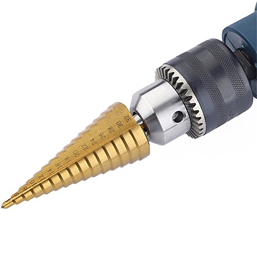 3Pcs HSS Titanium Coated Step Drill Bit Set, 1/4" Hex Shank Quick Change High Speed Steel Cone Drill Bit Kit for Plastic, Wood, Metal Sheet, Aluminum Hole Drilling (Metric 4-12mm/4-20mm/4-32mm)