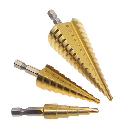 3Pcs HSS Titanium Coated Step Drill Bit Set, 1/4" Hex Shank Quick Change High Speed Steel Cone Drill Bit Kit for Plastic, Wood, Metal Sheet, Aluminum Hole Drilling (Metric 4-12mm/4-20mm/4-32mm)