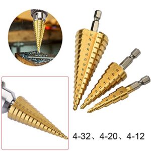 3Pcs HSS Titanium Coated Step Drill Bit Set, 1/4" Hex Shank Quick Change High Speed Steel Cone Drill Bit Kit for Plastic, Wood, Metal Sheet, Aluminum Hole Drilling (Metric 4-12mm/4-20mm/4-32mm)