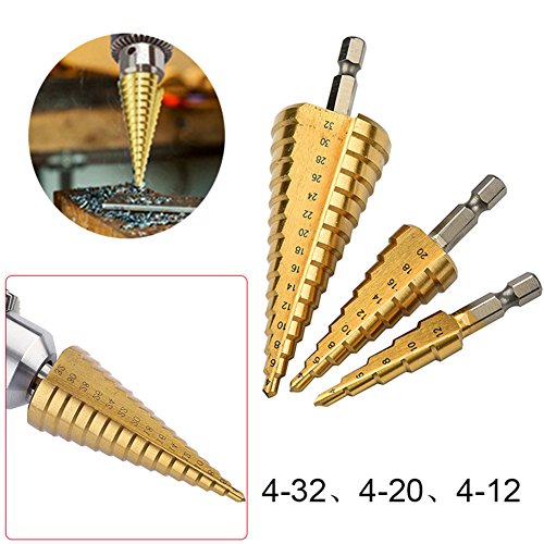 3Pcs HSS Titanium Coated Step Drill Bit Set, 1/4" Hex Shank Quick Change High Speed Steel Cone Drill Bit Kit for Plastic, Wood, Metal Sheet, Aluminum Hole Drilling (Metric 4-12mm/4-20mm/4-32mm)