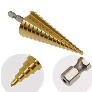 3Pcs HSS Titanium Coated Step Drill Bit Set, 1/4" Hex Shank Quick Change High Speed Steel Cone Drill Bit Kit for Plastic, Wood, Metal Sheet, Aluminum Hole Drilling (Metric 4-12mm/4-20mm/4-32mm)