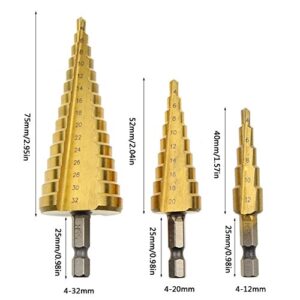 3Pcs HSS Titanium Coated Step Drill Bit Set, 1/4" Hex Shank Quick Change High Speed Steel Cone Drill Bit Kit for Plastic, Wood, Metal Sheet, Aluminum Hole Drilling (Metric 4-12mm/4-20mm/4-32mm)